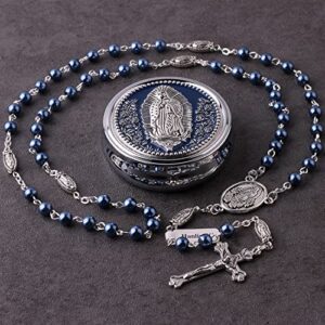 HanlinCC 6mm Glass Pearl Beads Catholic Our Lady of Guadalupe Rosary Necklace for Women and Men with Metal Gift Box (Guadalupe Rosary Blue, Zinc Alloy)