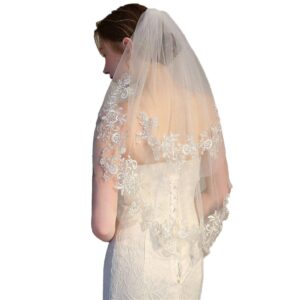 csypjyt women's white lace short wedding bridal veil with comb 2 tier