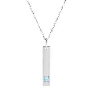 max + stone 14k white gold bar pendant necklace for women with 3mm small blue aquamarine on 16 inches to 18 inches adjustable cable chain with spring ring clasp march birthstone