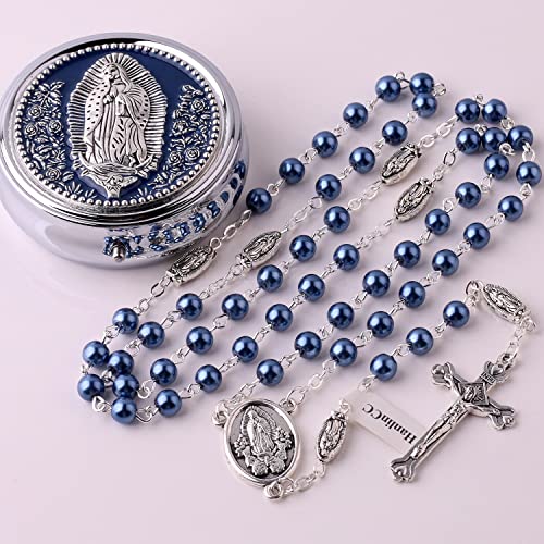 HanlinCC 6mm Glass Pearl Beads Catholic Our Lady of Guadalupe Rosary Necklace for Women and Men with Metal Gift Box (Guadalupe Rosary Blue, Zinc Alloy)