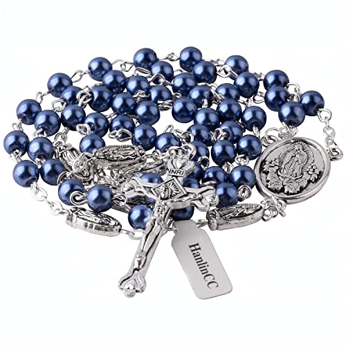 HanlinCC 6mm Glass Pearl Beads Catholic Our Lady of Guadalupe Rosary Necklace for Women and Men with Metal Gift Box (Guadalupe Rosary Blue, Zinc Alloy)