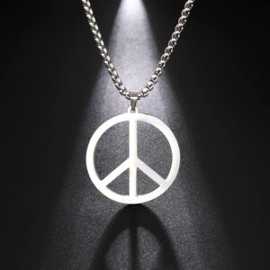 VASSAGO Hippie Style Peace Sign Necklace Peace Sign Pendant Necklace Peace Symbol Jewelry Stainless Steel 1960s 1970s Hippie Party Dressing Accessories Necklaces for Men Women (Stainless Steel Color)