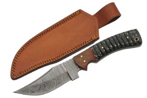 szco supplies dm-1325 combination wood handle damascus steel outdoor hunting knife with leather sheath, 9.25" length