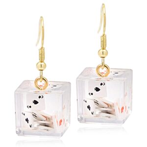 jiuiql unique dainty cute 3d poker red hearts and spades a ace playing cards dangle drop earrings in transparent ice cube for women gambling casino jewelry gift (white)