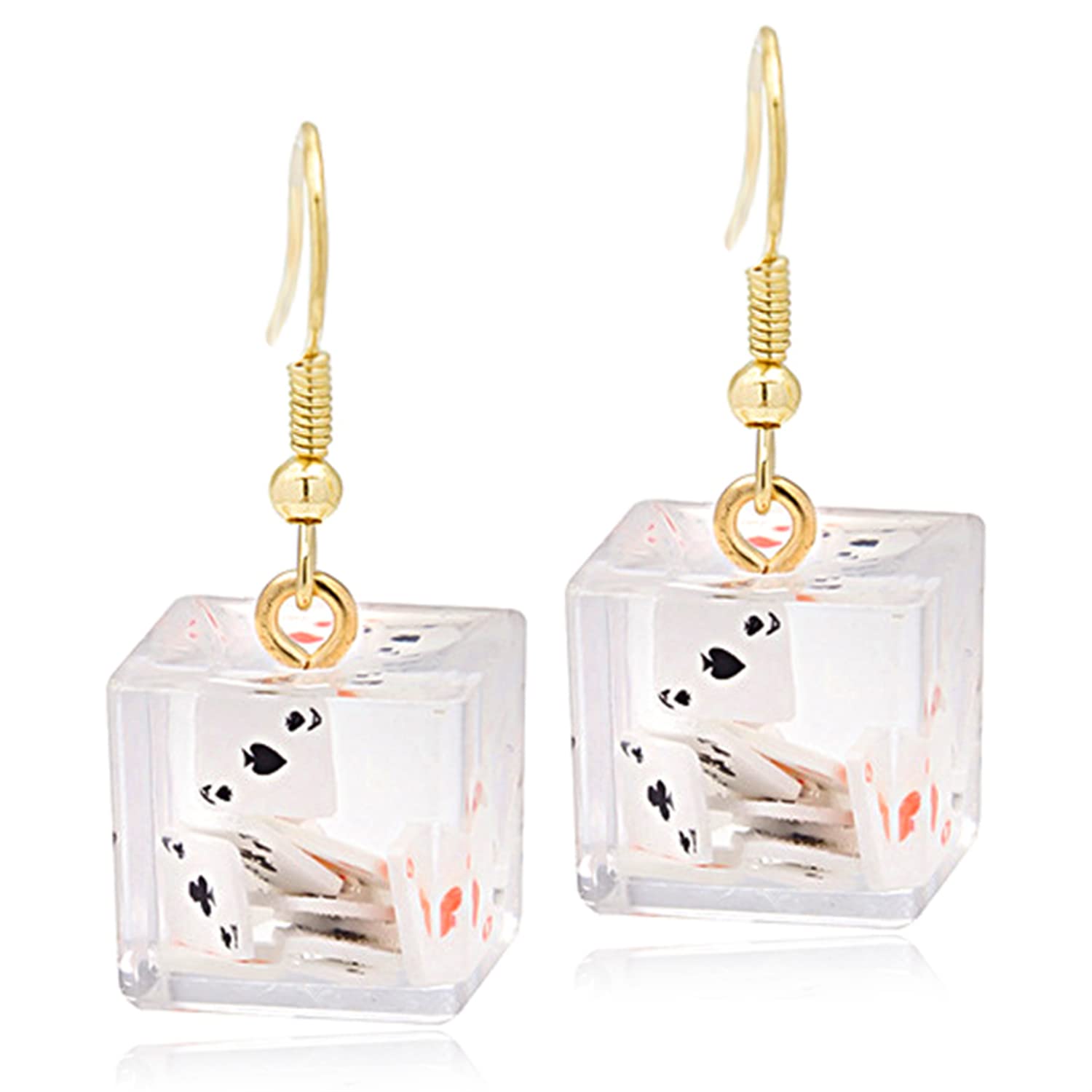 JIUIQL Unique Dainty Cute 3D Poker Red hearts and spades A Ace Playing Cards Dangle Drop Earrings in Transparent Ice Cube for Women Gambling Casino Jewelry Gift (White)