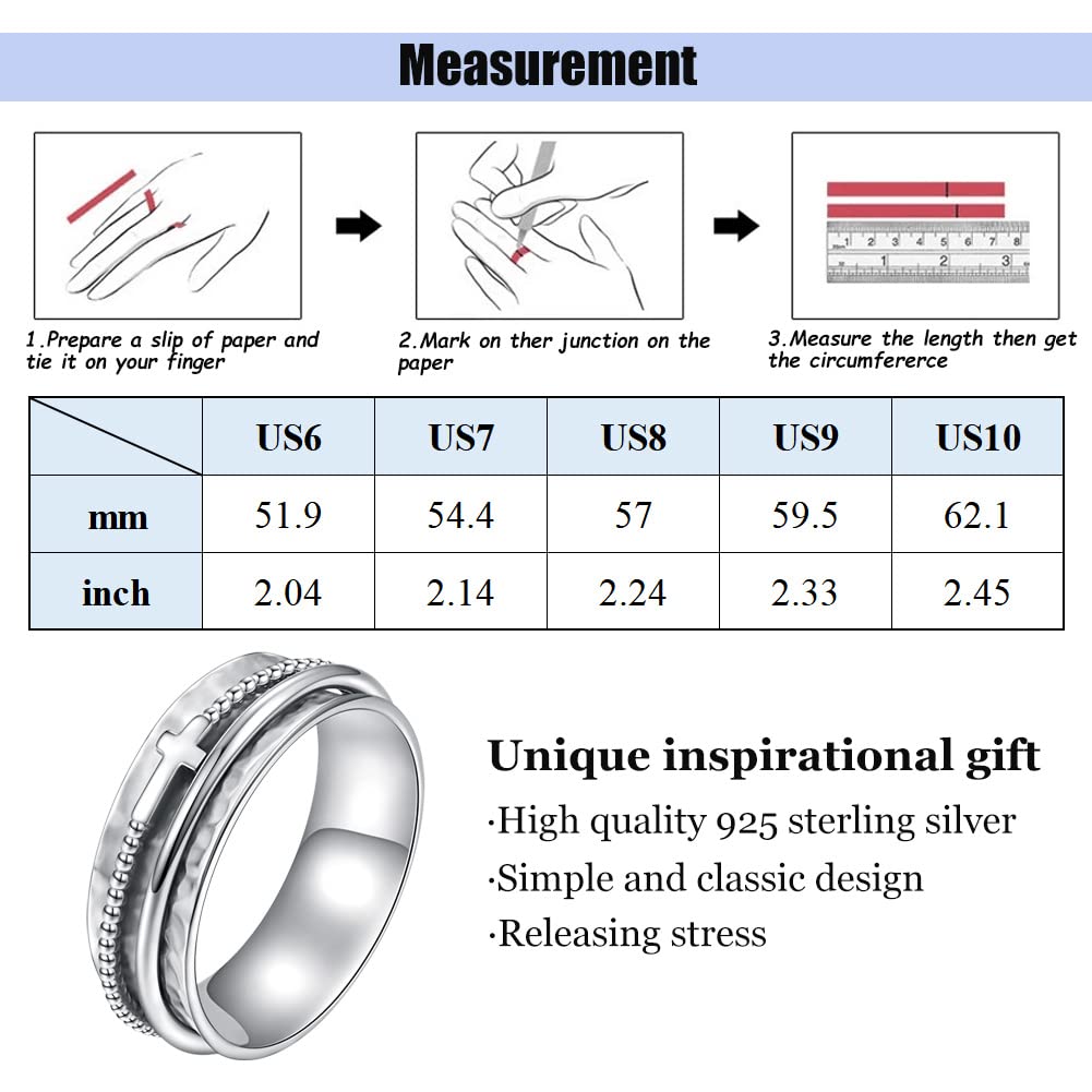 Cross Fidget Ring for Women - 925 Sterling Silver Spinner Rings Spinning Rings Band Wide Hammered (Silver, 9)