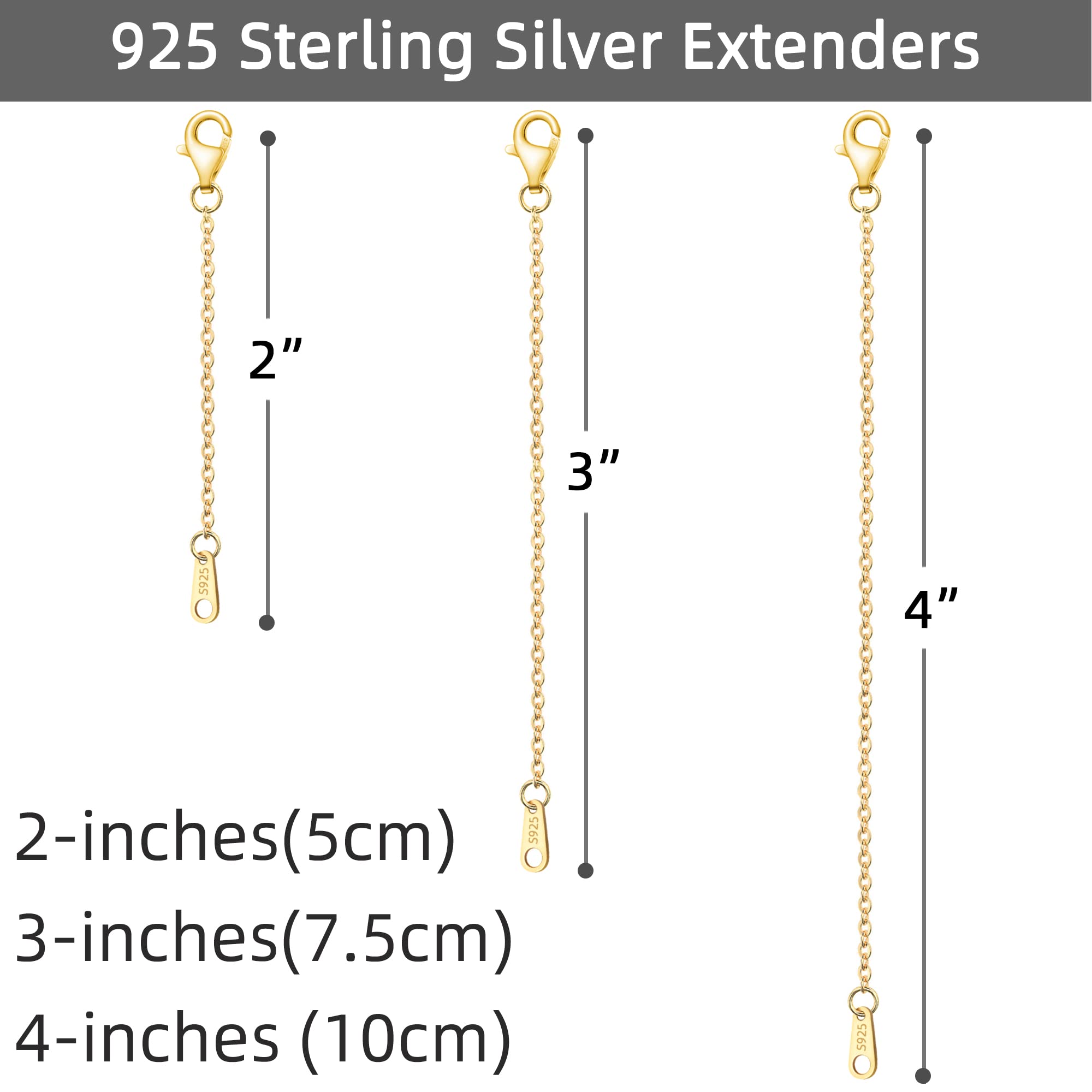 925 Sterling Silver Necklace Extender Gold Necklace Extender Gold Chain Extenders for Necklaces 2", 3", 4" Inches