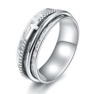 cross fidget ring for women - 925 sterling silver spinner rings spinning rings band wide hammered (silver, 9)