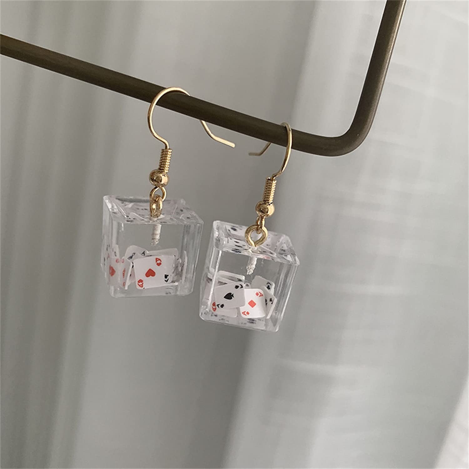 JIUIQL Unique Dainty Cute 3D Poker Red hearts and spades A Ace Playing Cards Dangle Drop Earrings in Transparent Ice Cube for Women Gambling Casino Jewelry Gift (White)