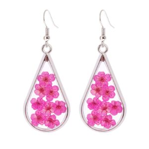 baublestar pressed dry flower hot pink teardrop earrings natural dried flowers drop dangle silver fashion jewelry for women