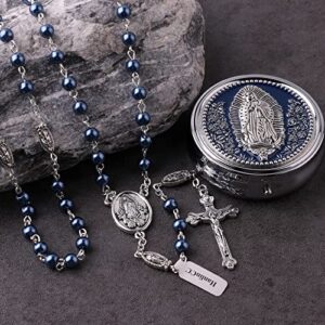 HanlinCC 6mm Glass Pearl Beads Catholic Our Lady of Guadalupe Rosary Necklace for Women and Men with Metal Gift Box (Guadalupe Rosary Blue, Zinc Alloy)