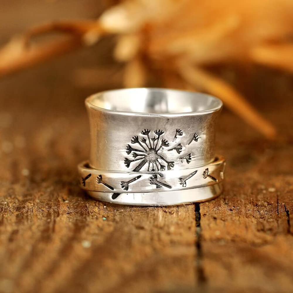 Dandelion Flower Spinner Ring for Women Men Anti Anxiety Fidget Rotate Freely Inspirations Stress Relief Meditation Stacking Middle Finger Band Fashion Vintage Statement Spin Ring Personalized Jewelry Gifts Bff Birthday (9)