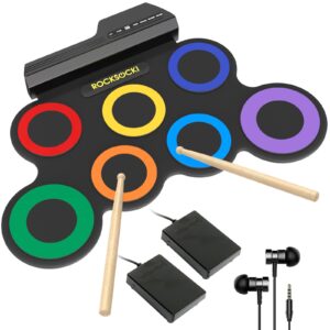 rocksocki electric drum set, 7-pad kids electronic drum set with headphone included, roll-up drum practice pad, great holiday xmas birthday gift for kids