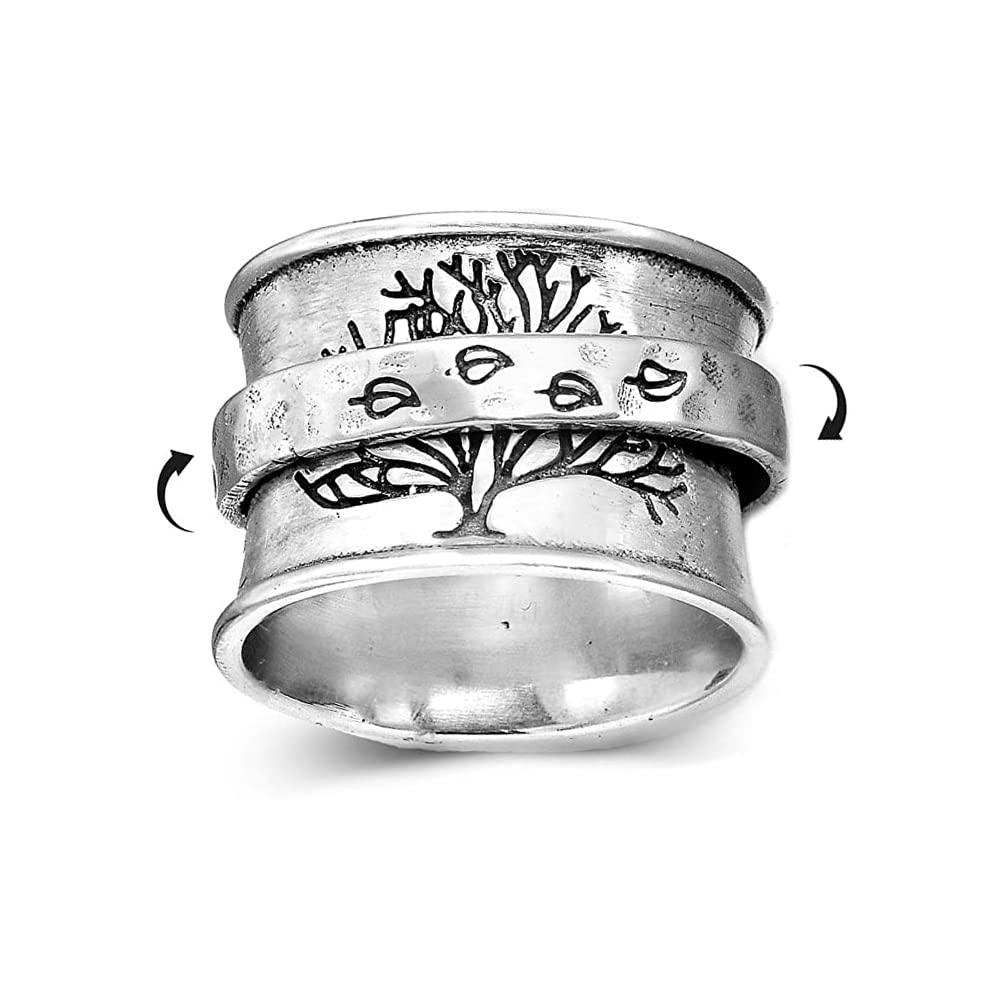 Tree of Life Spinner Ring for Women Girls Men Anti Anxiety Fidget Rotate Freely Inspirations Stress Relief Meditation Stacking Middle Finger Wide Band Fashion Vintage Leaves Statement Spin Ring Personalized Jewelry Gifts Bff Valentine's Day Birthday (9)