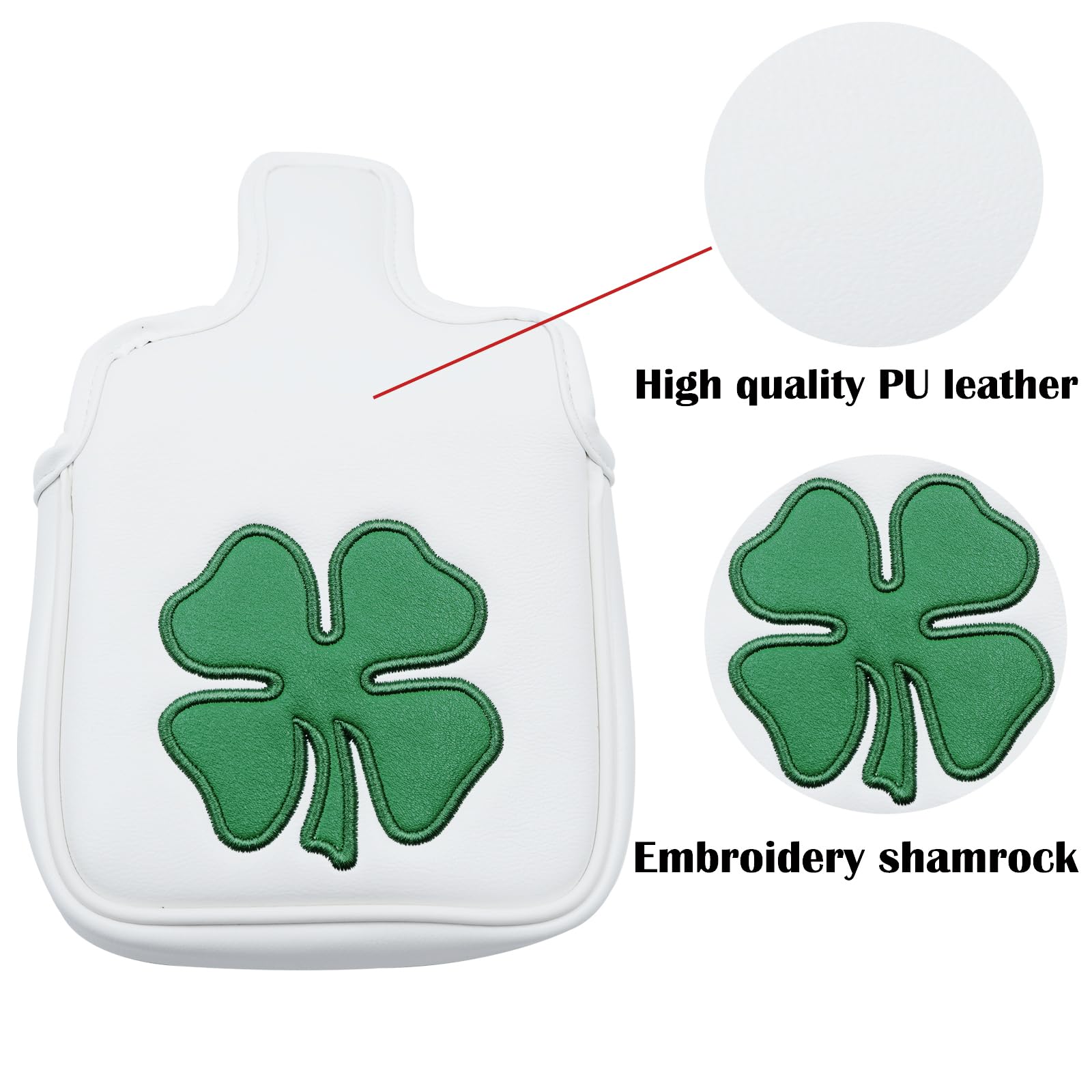 Gbourly Golf Club Lucky Shamrock Square Mallet Putter Cover Magnetic Heel Shaft PU Leather Headcover (White Shamrock)