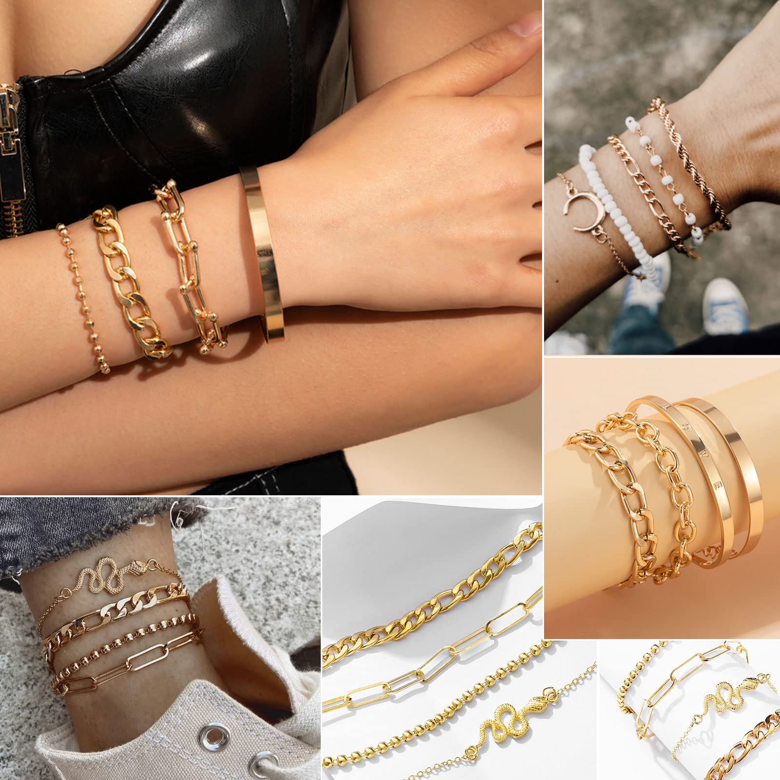 17IF 25 Pcs (6 Pack) Gold Chain Bracelets Set for Women Boho Punk Stackable Y2K Multipack Layered Bangles Pack Adjustable Cuff Italian Cuban Anklet Charm Chunky Bracelet Bundle Jewelry