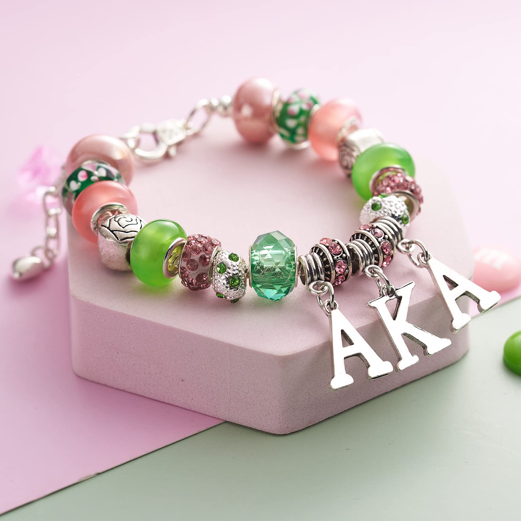 Melix Home Sorority Gifts for Women Paraphernalia Sorority Bracelet Pink and Green Jewelry Greek Crystal Charm