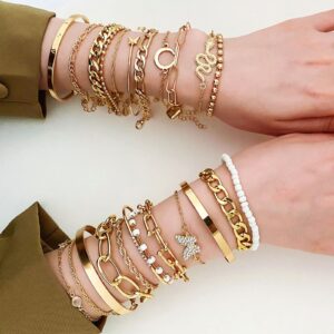 17IF 25 Pcs (6 Pack) Gold Chain Bracelets Set for Women Boho Punk Stackable Y2K Multipack Layered Bangles Pack Adjustable Cuff Italian Cuban Anklet Charm Chunky Bracelet Bundle Jewelry