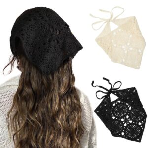 haimeikang floral crochet hair bandanas headscarf 2 pcs women hair scarf daisy headband vintage head kerchief for girls(black+beige)