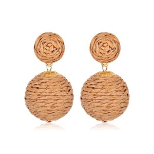 statement raffia earrings, boho handmade straw rattan drop earrings, geometric raffia lantern dangle earrings for women summer beach jewelry (brown)