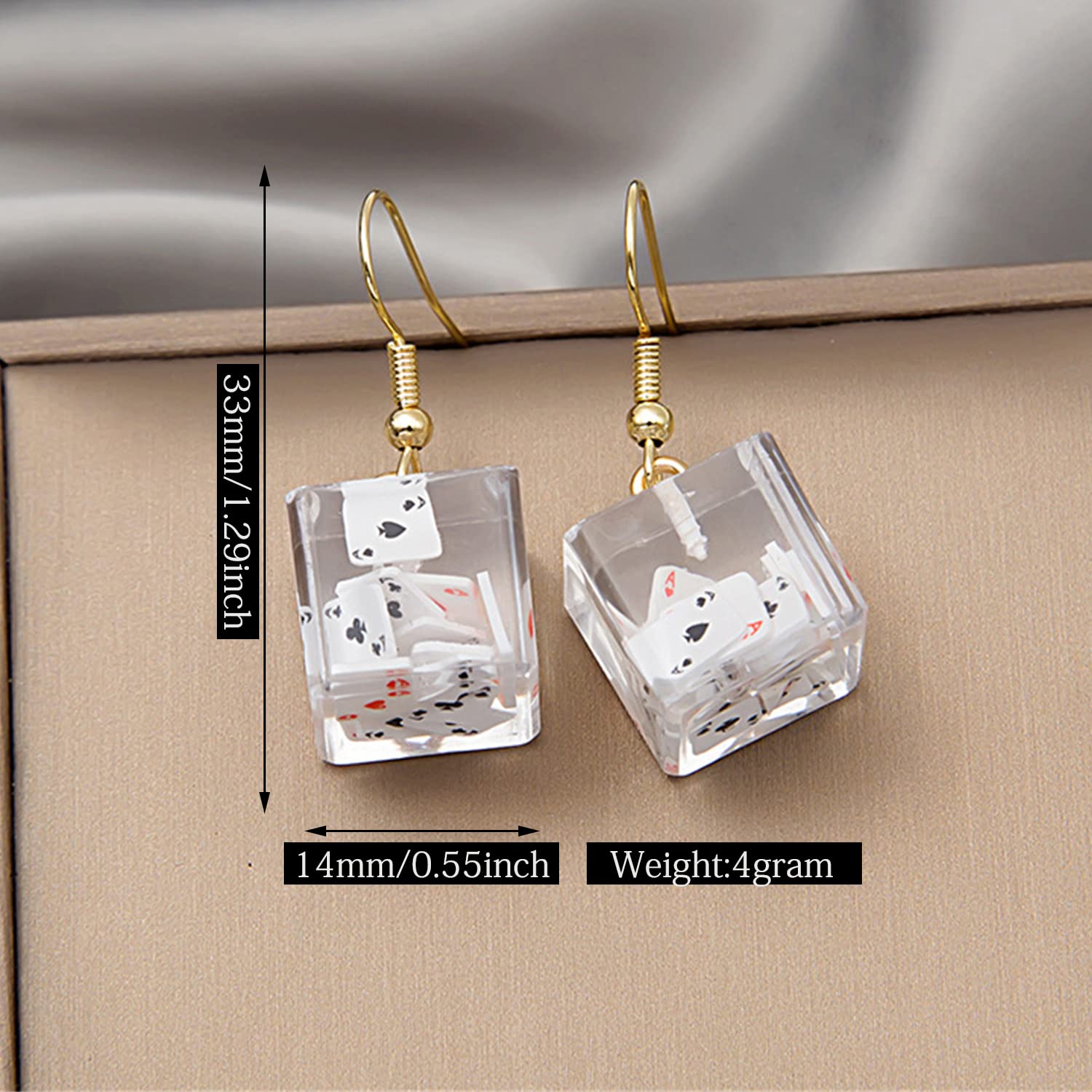 JIUIQL Unique Dainty Cute 3D Poker Red hearts and spades A Ace Playing Cards Dangle Drop Earrings in Transparent Ice Cube for Women Gambling Casino Jewelry Gift (White)