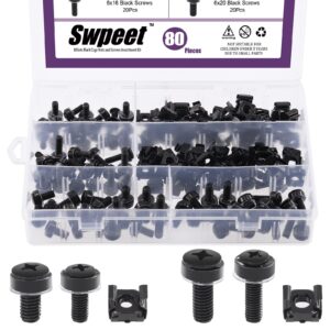 swpeet 80packs 4 sizes m5 m6 black computer mount cage nuts and screws with metal & plastic washers assortment kit, square hole hardware cage nuts & mounting screws washers