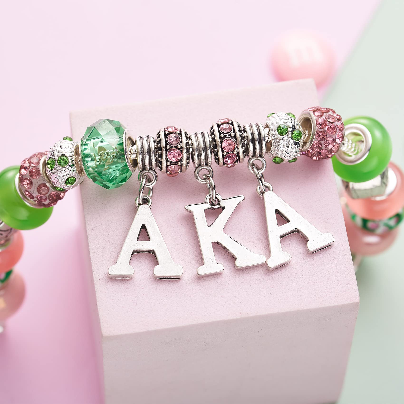 Melix Home Sorority Gifts for Women Paraphernalia Sorority Bracelet Pink and Green Jewelry Greek Crystal Charm