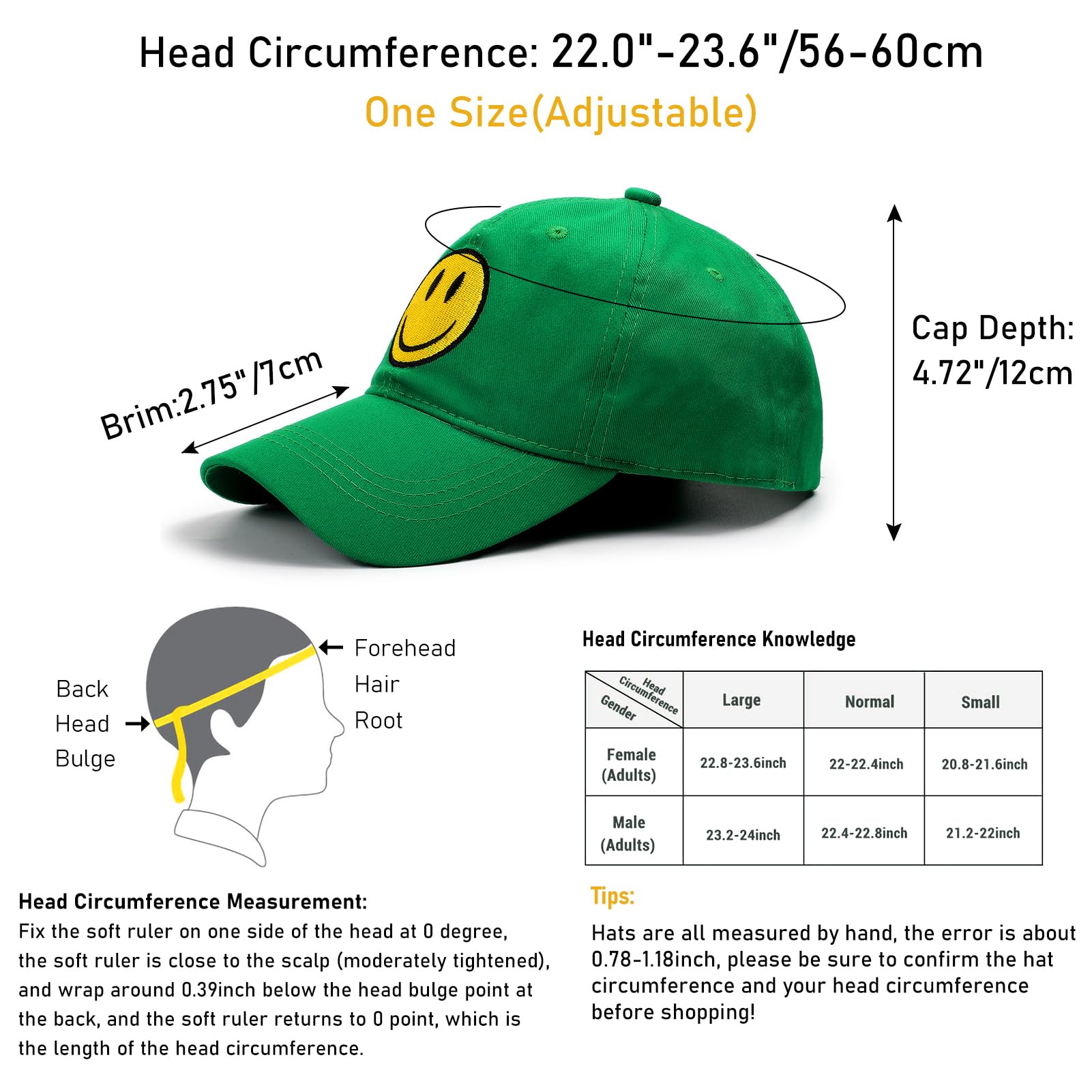 SONMONY Smile Face Baseball Hat Washed Dad Hat for Men Women Cute Baseball Caps Unstructured Smile Embroidered Hat Green