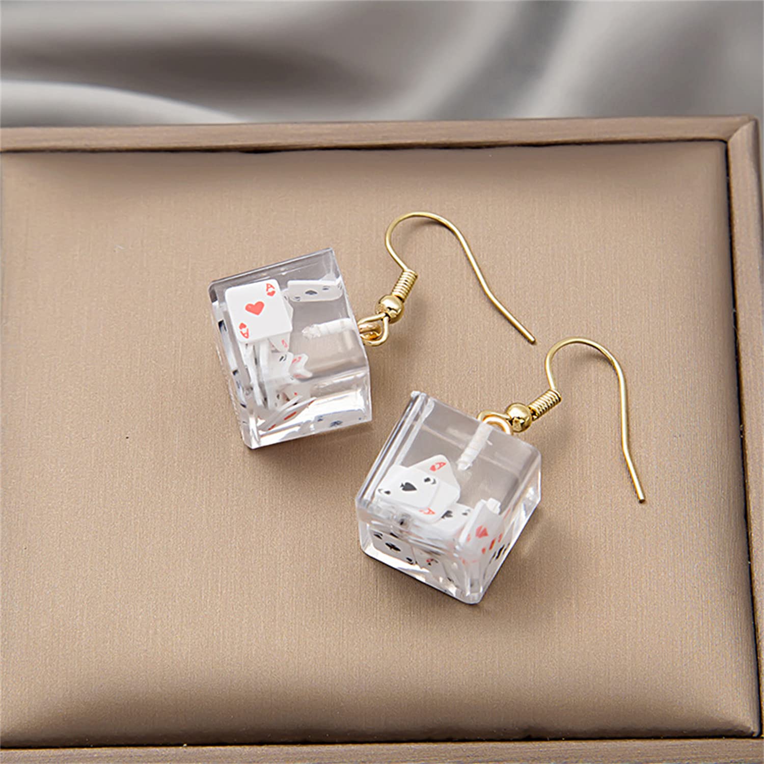 JIUIQL Unique Dainty Cute 3D Poker Red hearts and spades A Ace Playing Cards Dangle Drop Earrings in Transparent Ice Cube for Women Gambling Casino Jewelry Gift (White)