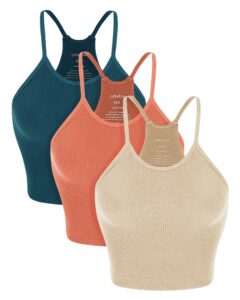 ododos women's crop camisole 3-pack washed seamless rib-knit crop tank tops, long crop, beige coral teal, medium/large