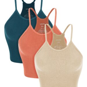 ODODOS Women's Crop Camisole 3-Pack Washed Seamless Rib-Knit Crop Tank Tops, Long Crop, Beige Coral Teal, Medium/Large