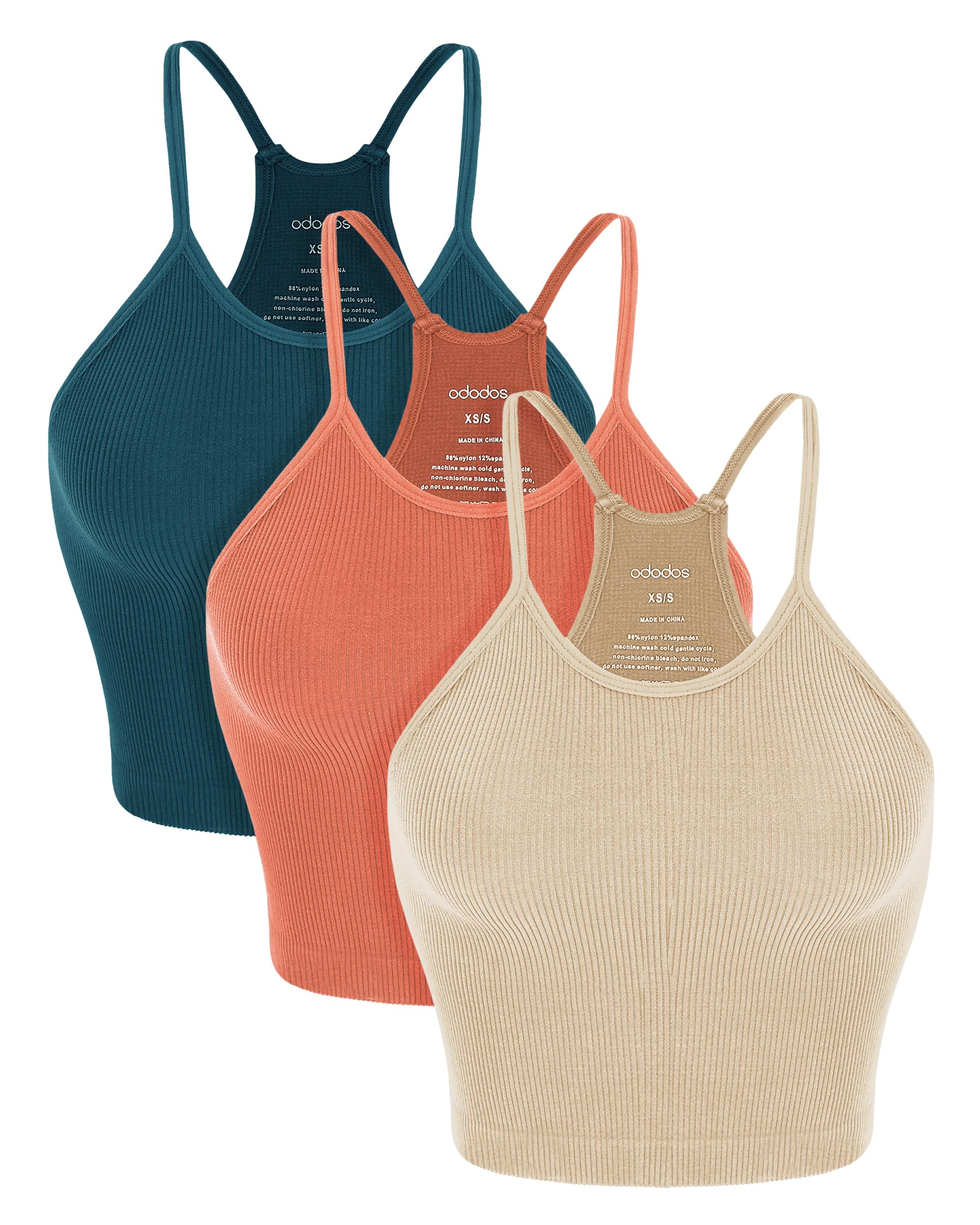 ODODOS Women's Crop Camisole 3-Pack Washed Seamless Rib-Knit Crop Tank Tops, Long Crop, Beige Coral Teal, Medium/Large