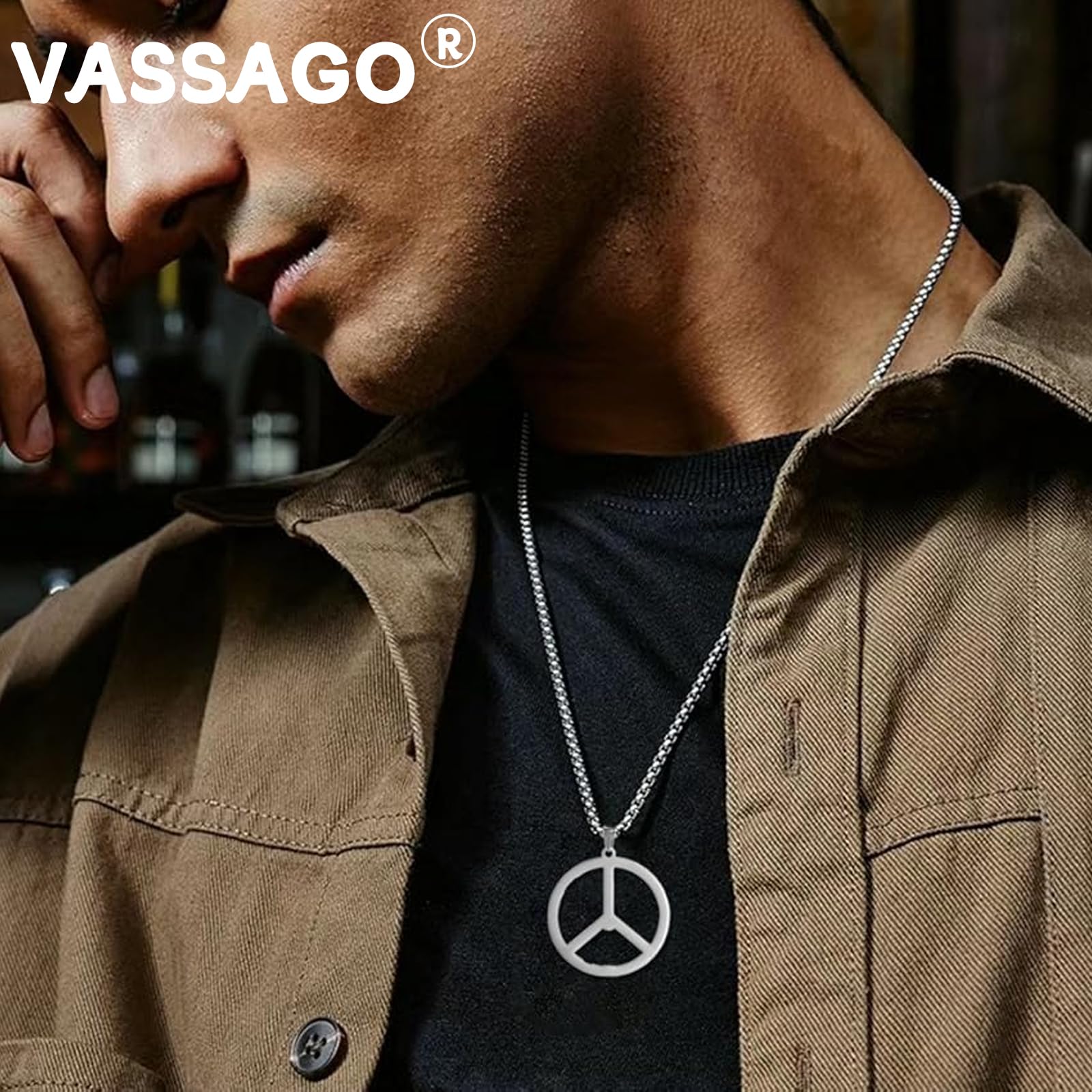 VASSAGO Hippie Style Peace Sign Necklace Peace Sign Pendant Necklace Peace Symbol Jewelry Stainless Steel 1960s 1970s Hippie Party Dressing Accessories Necklaces for Men Women (Stainless Steel Color)