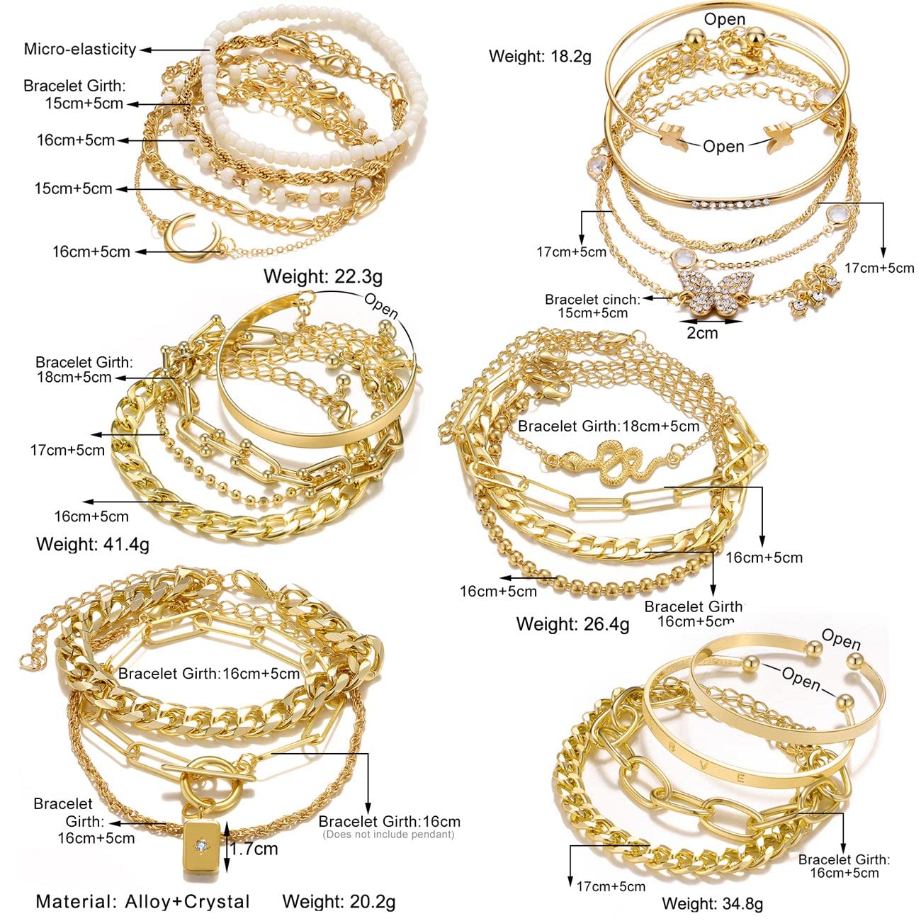 17IF 25 Pcs (6 Pack) Gold Chain Bracelets Set for Women Boho Punk Stackable Y2K Multipack Layered Bangles Pack Adjustable Cuff Italian Cuban Anklet Charm Chunky Bracelet Bundle Jewelry