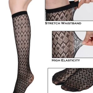 Geyoga 4 Pairs Women's Fishnet Knee High Stockings Lace Hollow out Women's Calf Socks Ankle Sheer Socks(Black,Cute)