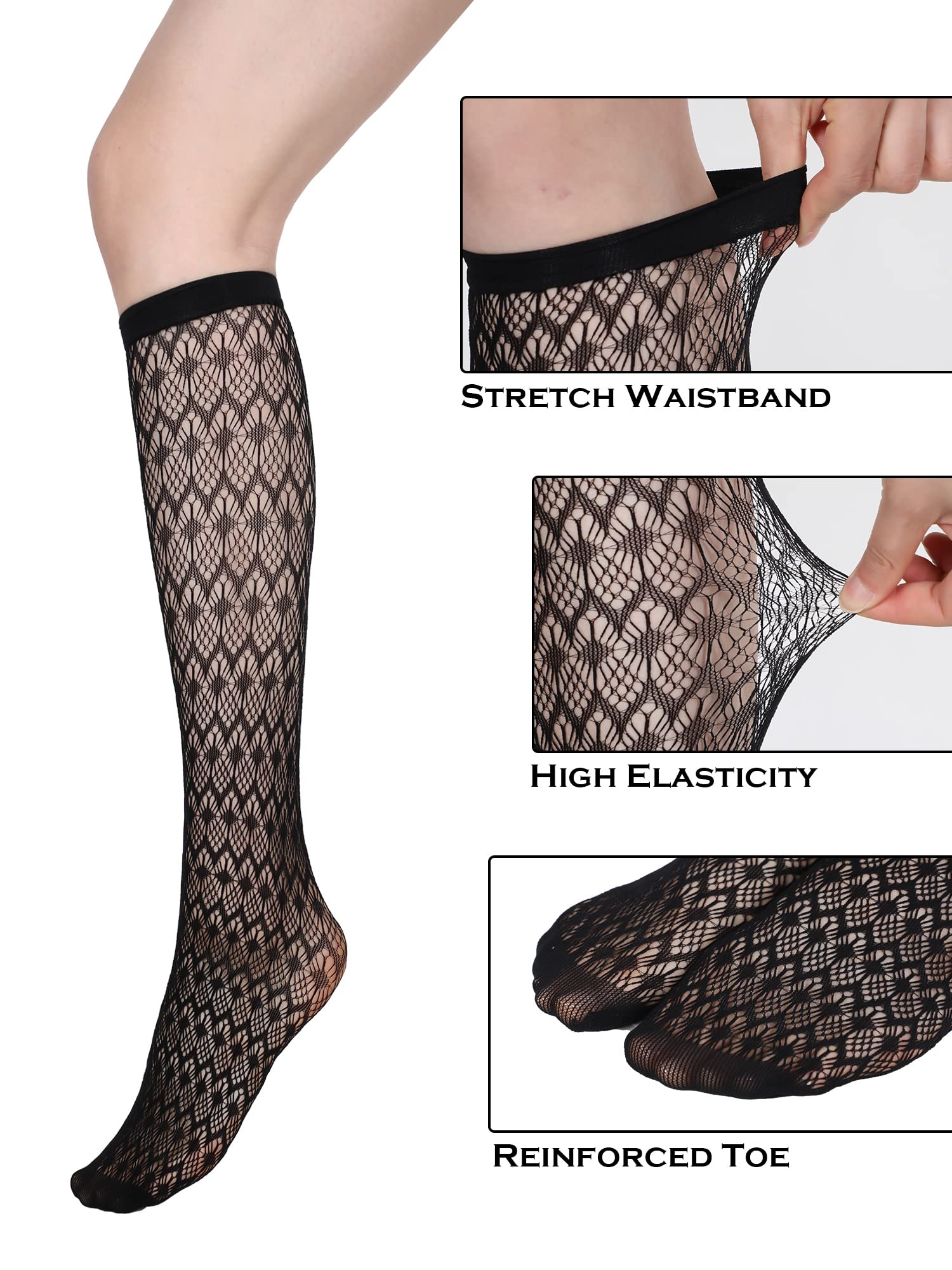 Geyoga 4 Pairs Women's Fishnet Knee High Stockings Lace Hollow out Women's Calf Socks Ankle Sheer Socks(Black,Cute)