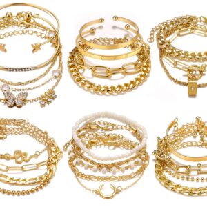 17IF 25 Pcs (6 Pack) Gold Chain Bracelets Set for Women Boho Punk Stackable Y2K Multipack Layered Bangles Pack Adjustable Cuff Italian Cuban Anklet Charm Chunky Bracelet Bundle Jewelry