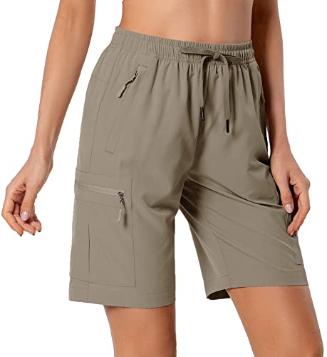 Women's Lightweight Hiking Cargo Shorts Quick Dry Athletic Shorts for Camping Travel Golf with Zipper Pockets Water Resistant Dark Khaki