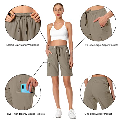 Women's Lightweight Hiking Cargo Shorts Quick Dry Athletic Shorts for Camping Travel Golf with Zipper Pockets Water Resistant Dark Khaki