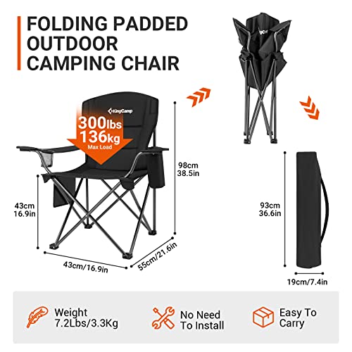 KingCamp Padded Folding Lounge Chairs with Built In Cupholder, Insulated Cooler Sleeve, and Side Storage Pocket for Indoor and Outdoors, 2 Pack, Black