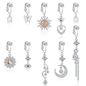 finrezio 10pcs fake belly ring for women stainless steel clip on belly button rings dangle navel rings cz opal evil eye moon butterfly non piercing fake belly piercing jewelry