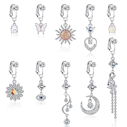 FINREZIO 10PCS Fake Belly Ring for Women Stainless Steel Clip on Belly Button Rings Dangle Navel Rings CZ Opal Evil Eye Moon Butterfly Non Piercing Fake Belly Piercing Jewelry