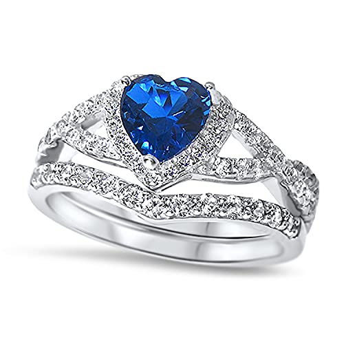 LaRaso & Co His Hers Sterling Blue Sapphire CZ Bridal Wedding Band Engagement Ring Set Him Her Thin Blue Line