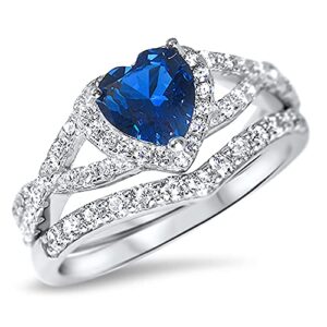 LaRaso & Co His Hers Sterling Blue Sapphire CZ Bridal Wedding Band Engagement Ring Set Him Her Thin Blue Line