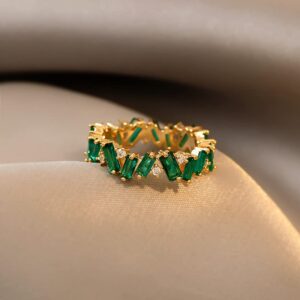 Green Cubic Zirconia Engagement Wedding Rings 14k Gold Plated Stackable Emerald Green Gold Rings Brides Bridesmaid Rhinestone Statement Ring wedding Party Prom Jewelry for Women - size7