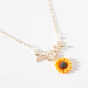 Sweet Sunflower Faux Pearl Leaf Pendant Necklace Resin Daisy Flower Clavicular Chain Fashion Jewelry for Women,Golden Nice Processed