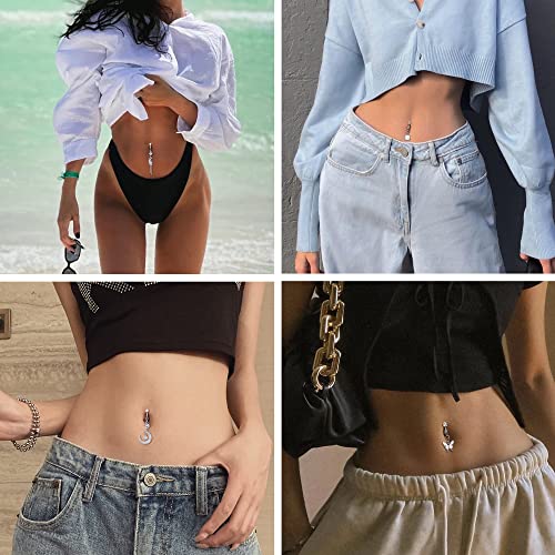 FINREZIO 10PCS Fake Belly Ring for Women Stainless Steel Clip on Belly Button Rings Dangle Navel Rings CZ Opal Evil Eye Moon Butterfly Non Piercing Fake Belly Piercing Jewelry