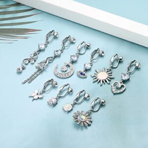 FINREZIO 10PCS Fake Belly Ring for Women Stainless Steel Clip on Belly Button Rings Dangle Navel Rings CZ Opal Evil Eye Moon Butterfly Non Piercing Fake Belly Piercing Jewelry