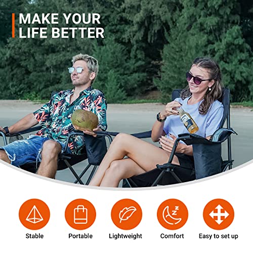 KingCamp Padded Folding Lounge Chairs with Built In Cupholder, Insulated Cooler Sleeve, and Side Storage Pocket for Indoor and Outdoors, 2 Pack, Black