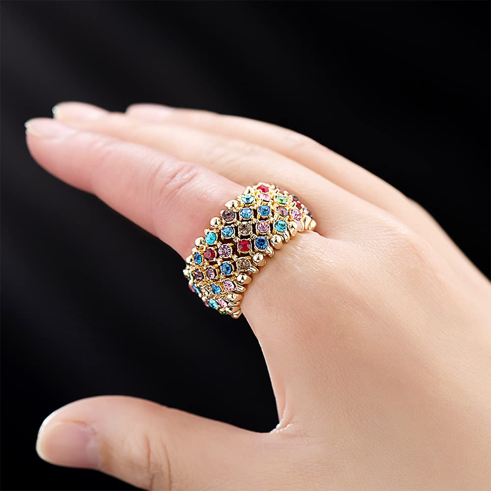 Colourful Crystal Adjustable Stretch Rings for Women Girl Finger Accessories Jewelry Elastic Rings (Colourful Crystal Gold Plated), 0.47*0.98 in